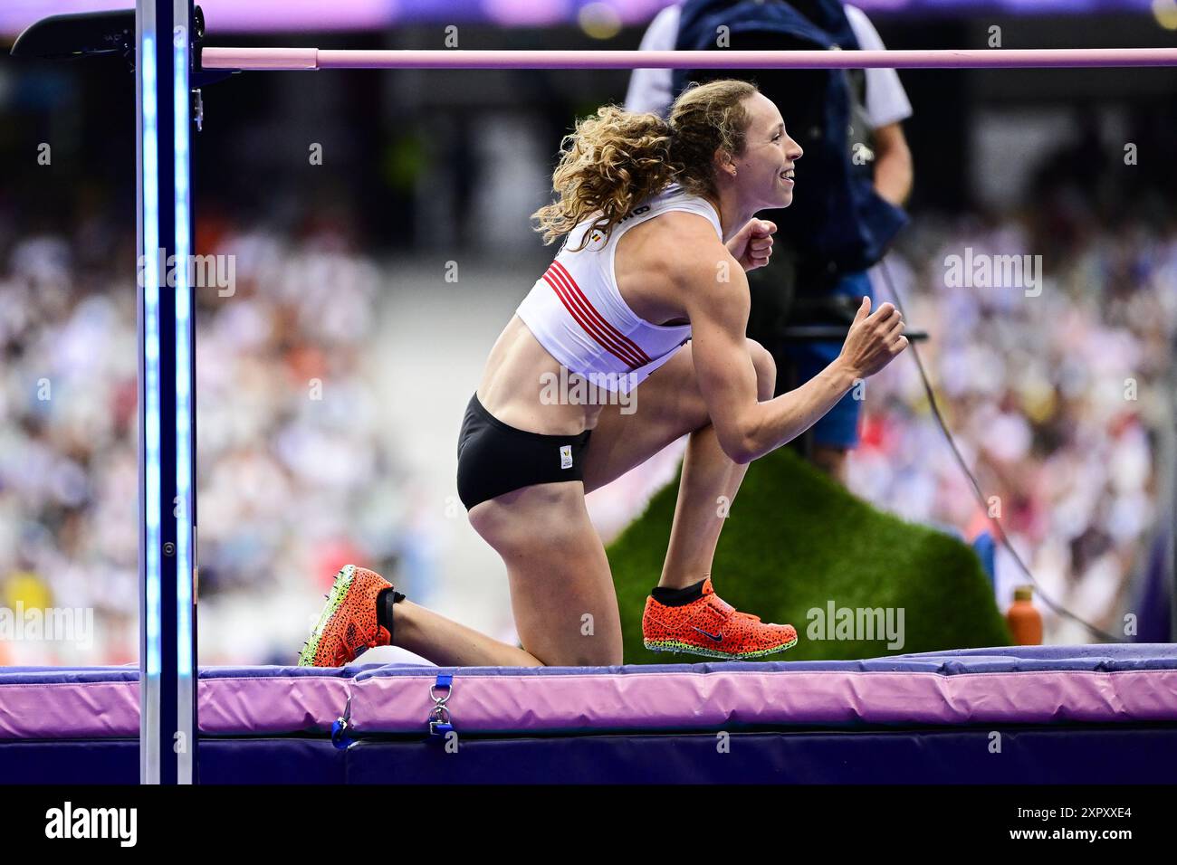 Belgian athlete Noor Vidts reacts during the high jump, second event of ...