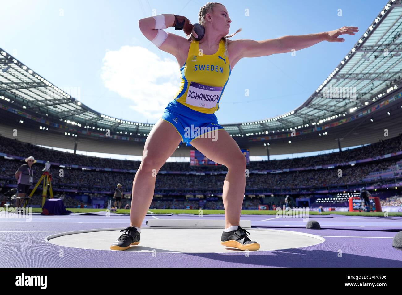 Axelina Johansson, of Sweden, competes during the women's shot put ...