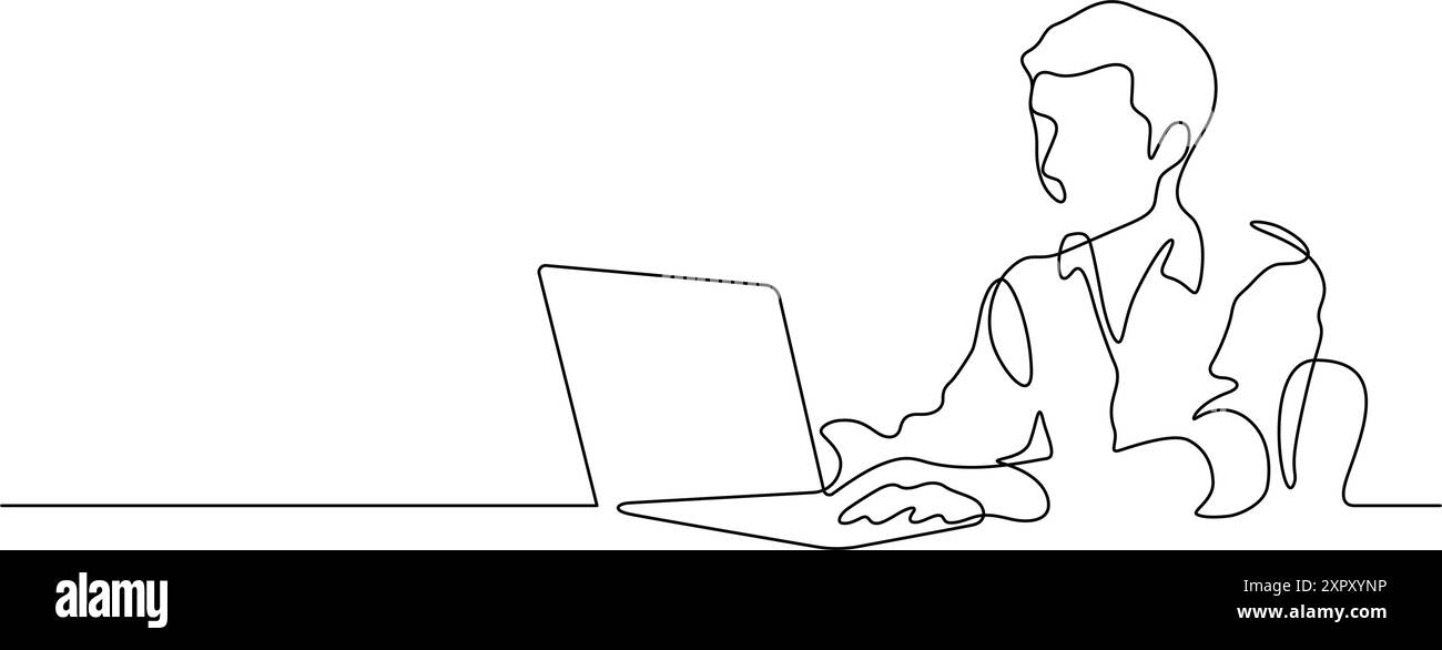 young man using laptop computer one line continuous drawing copy space ...
