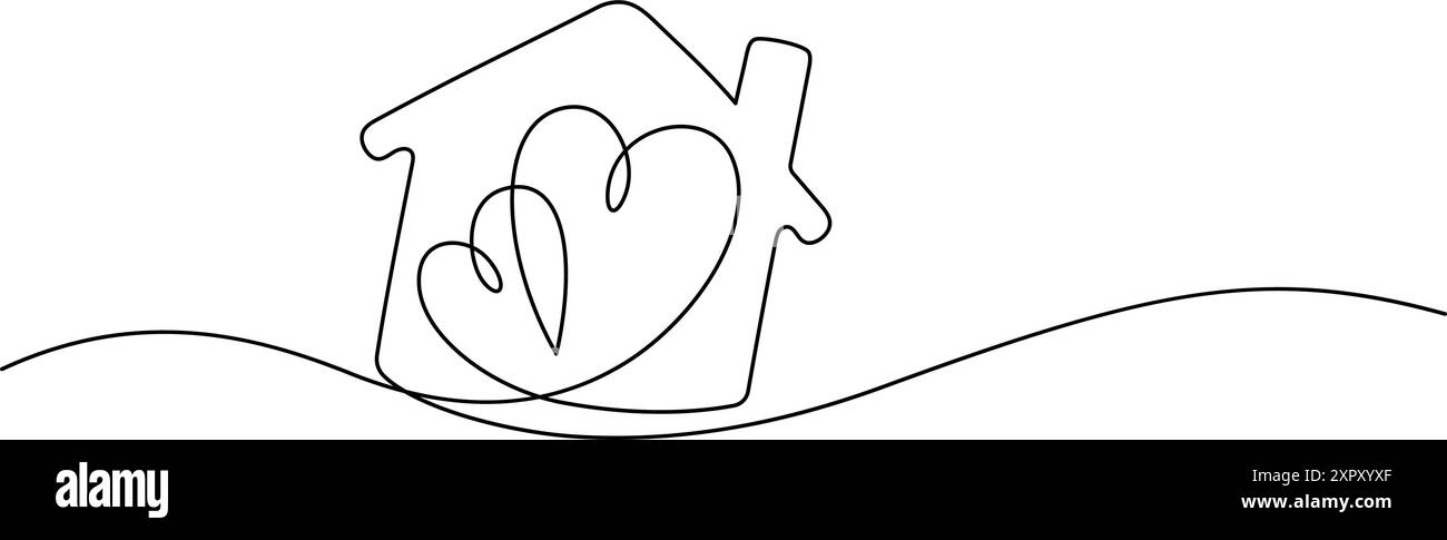 sweet home with couple heart shape hand drawn continuous line drawing ...