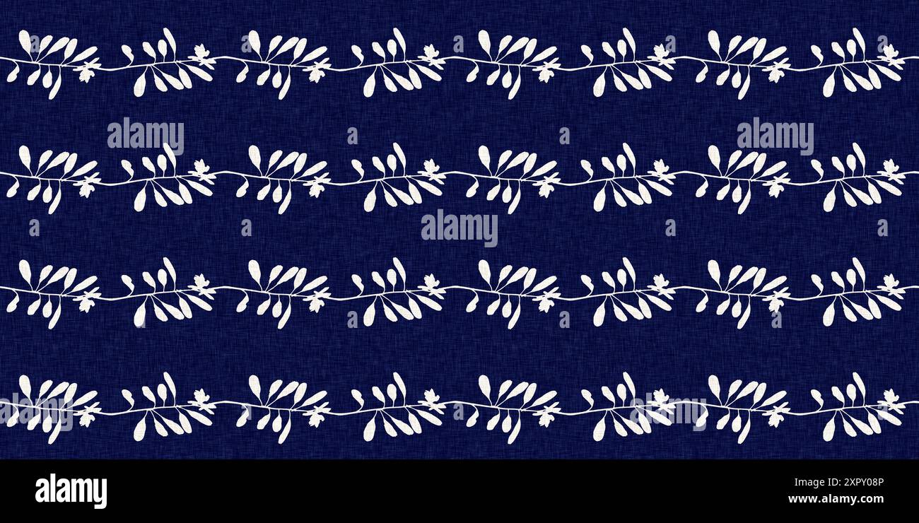 Indigo denim blue leaf motif seamless border. Japanese dye batik fabric ...