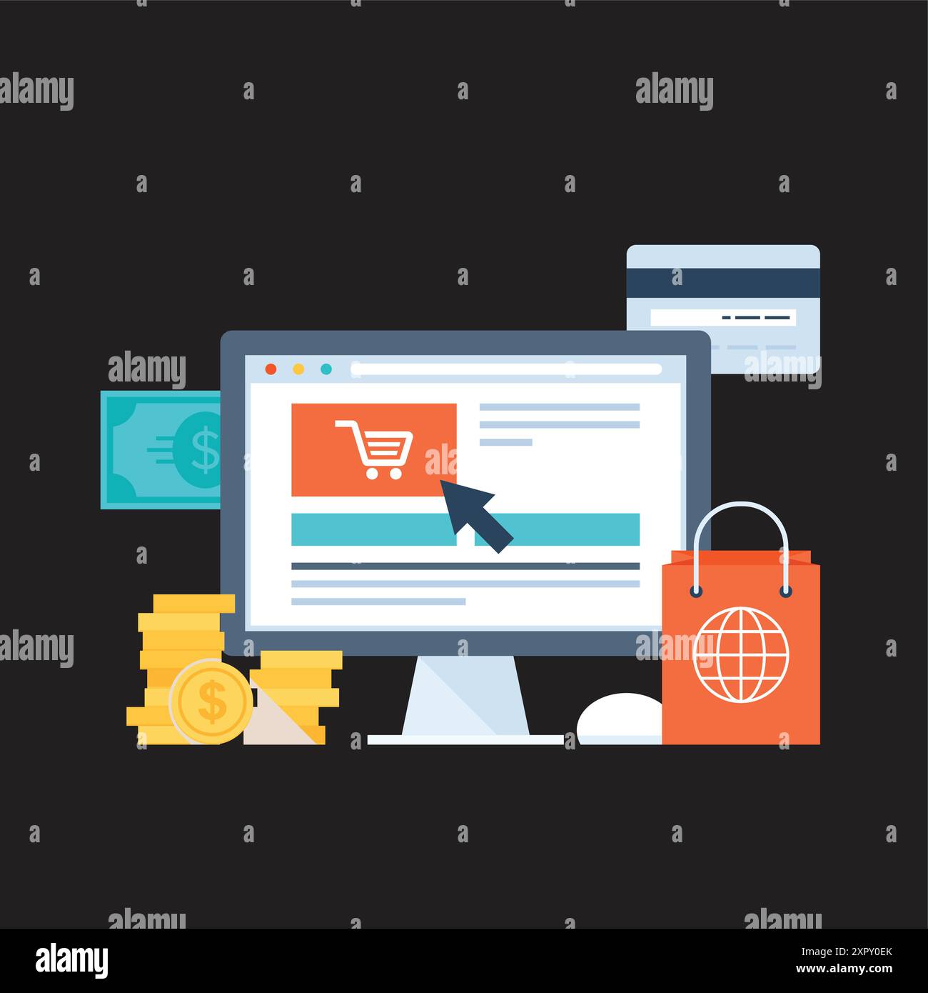 E commerce concept Online shopping. Design graphic elements, signs ...