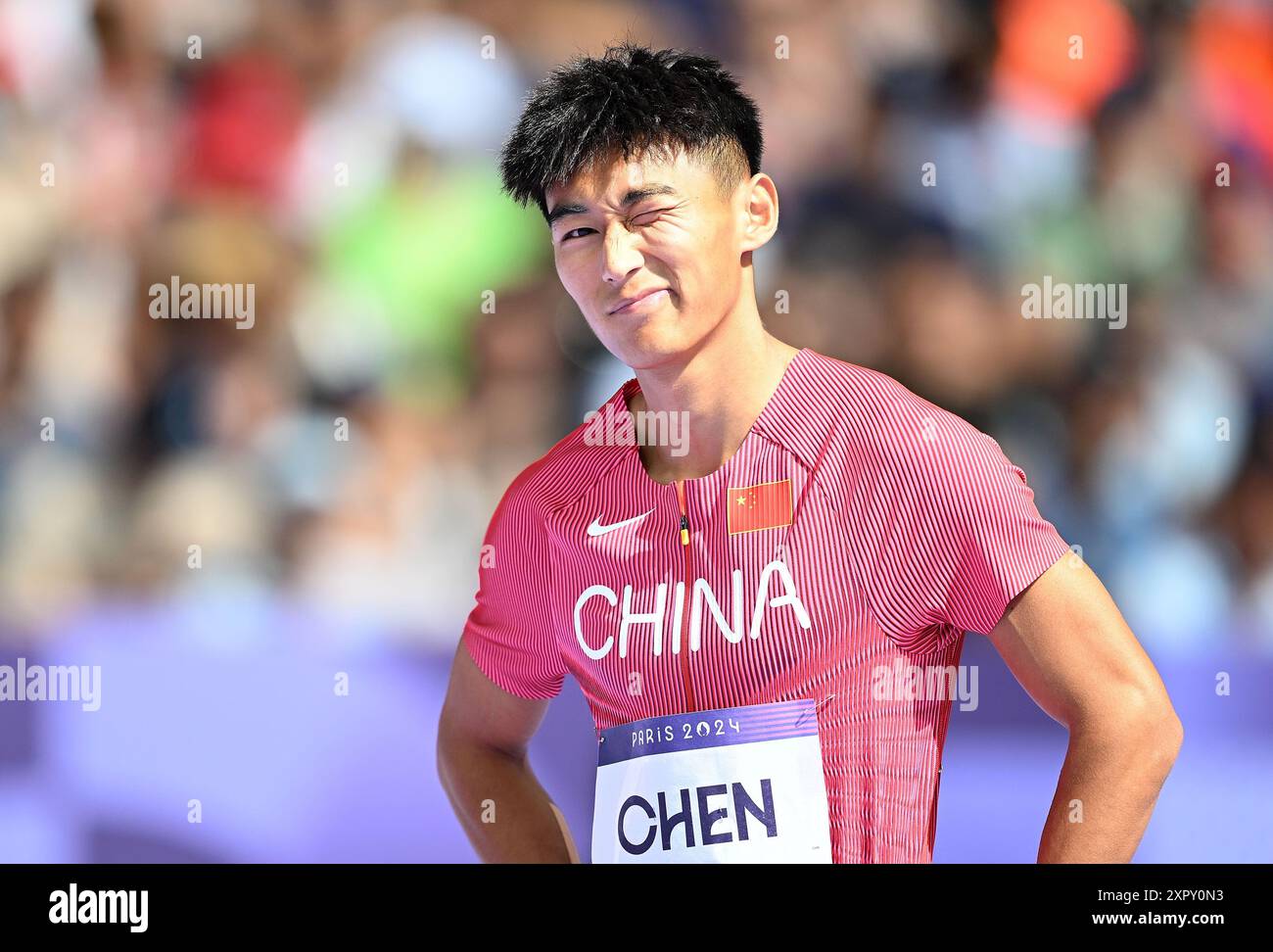 Paris, France. 8th Aug, 2024. Chen Jiapeng of team China reacts before the men's 4X100m relay ...