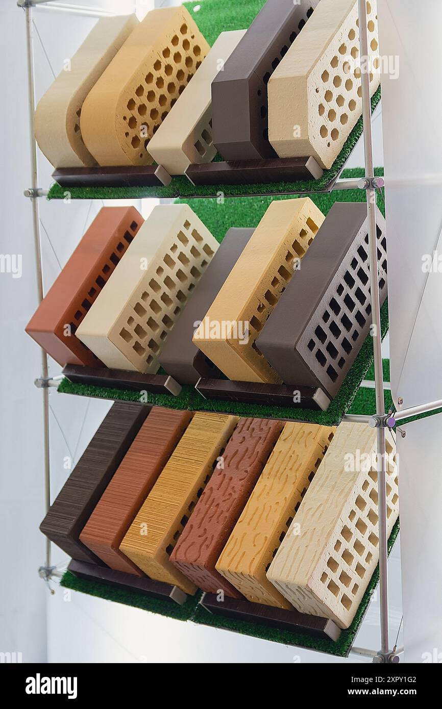 Various types of building hollow red bricks. Samples for sale at store ...