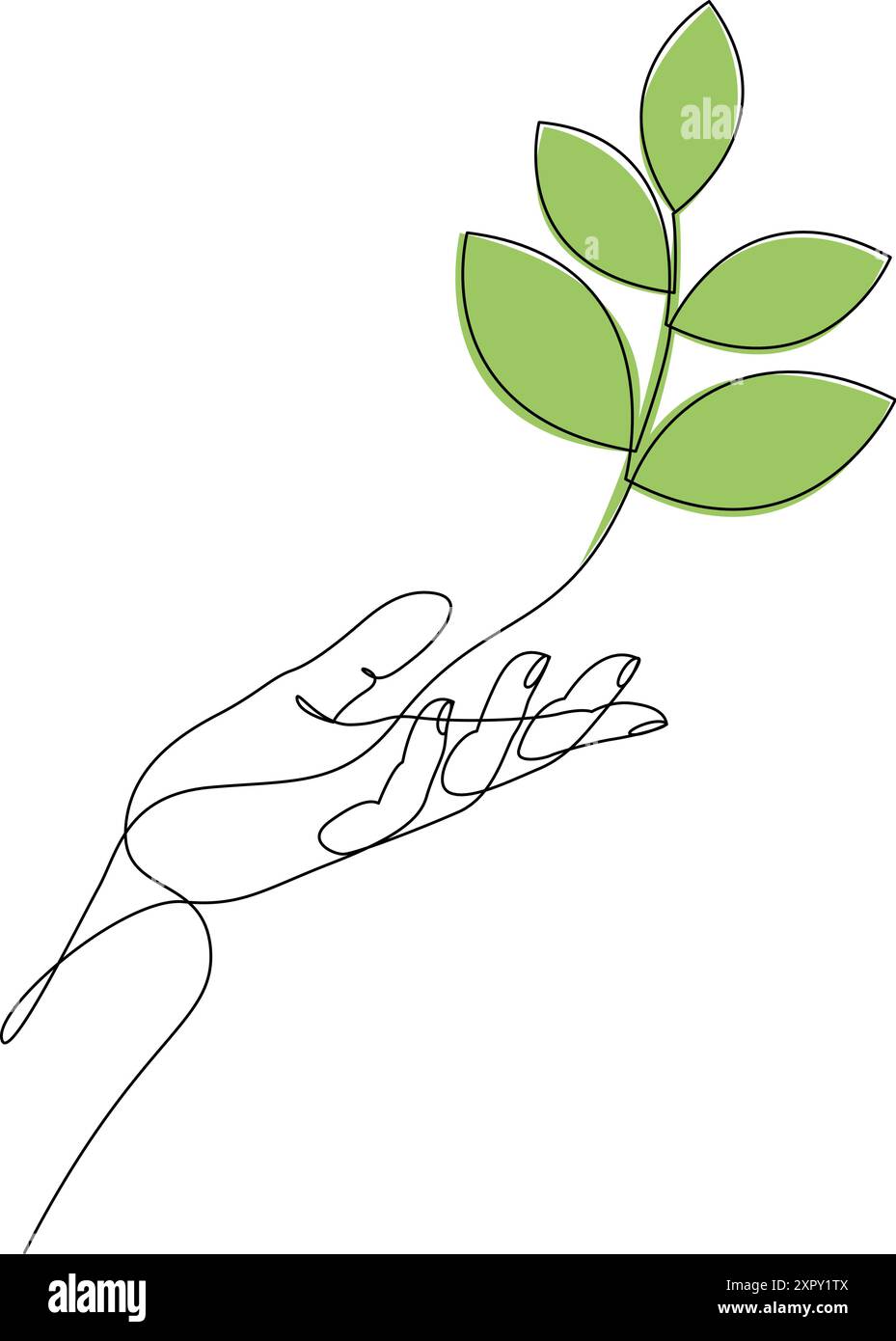 Continuous one line drawing of human hand holding small green plant ...