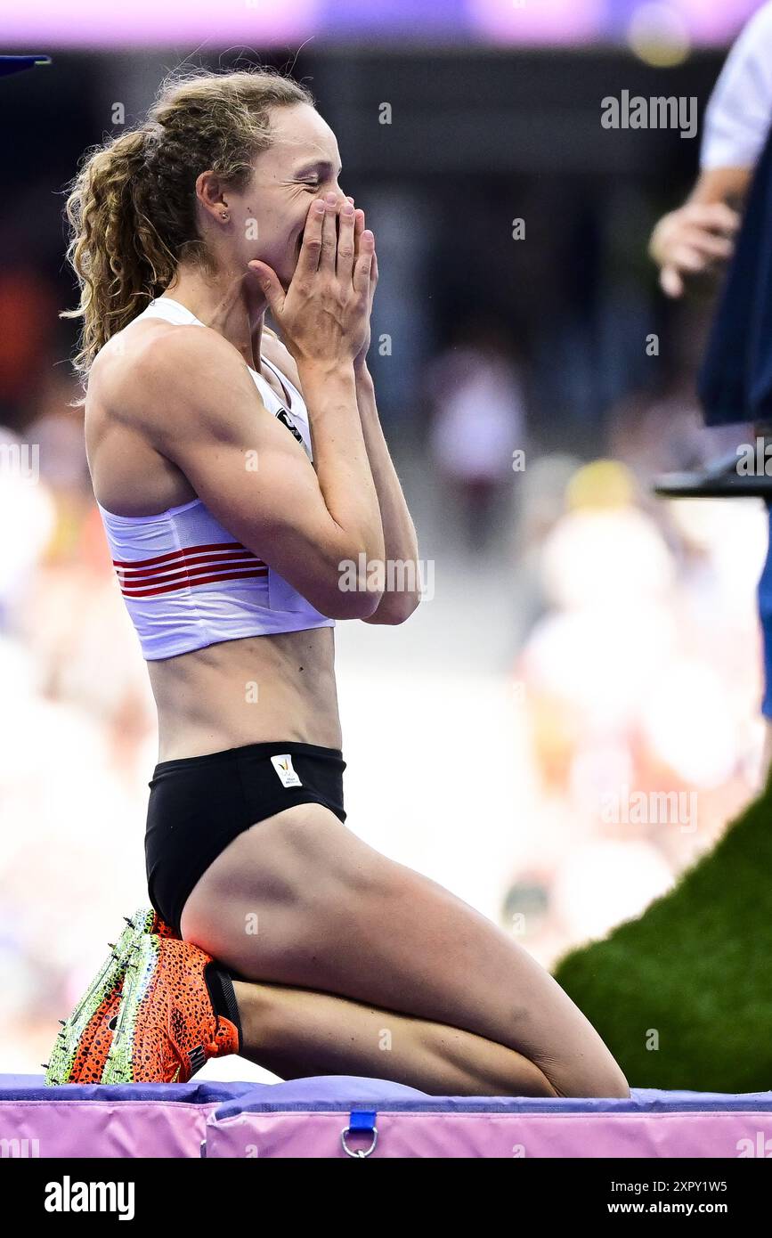 Paris, France. 08th Aug, 2024. Belgian athlete Noor Vidts reacts after the high jump, second ...