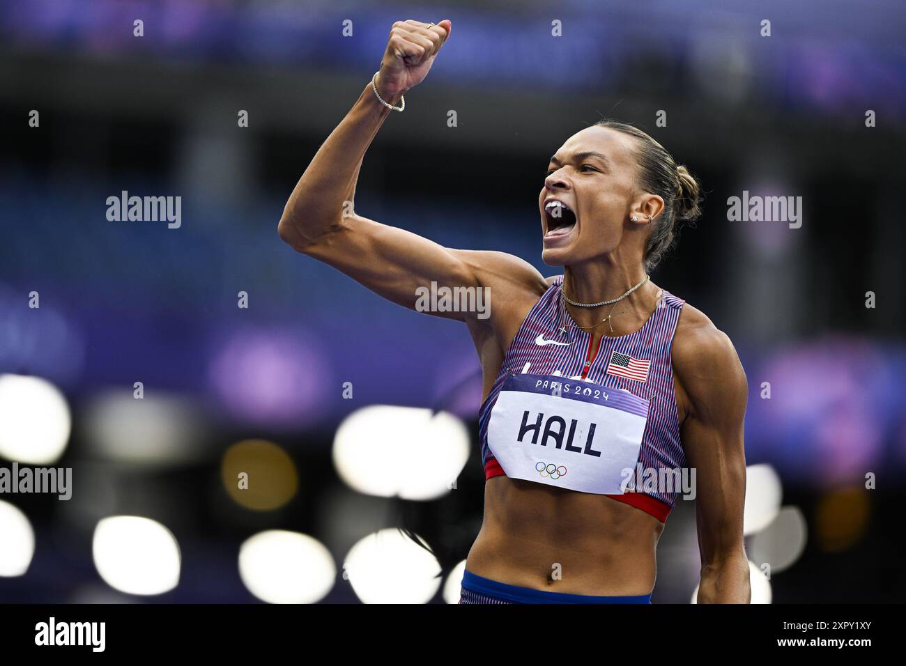 Paris, France. 08th Aug, 2024. US' Anna Hall reacts during the high ...