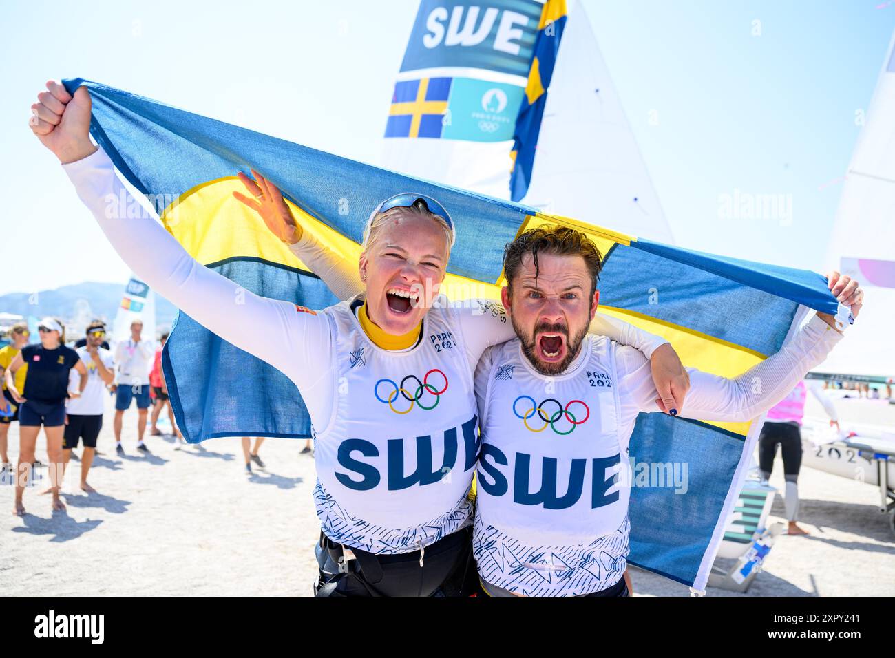 Marseille, France. 08th Aug, 2024. Anton Dahlberg and Lovisa Karlsson of, Sweden., . celebrate ...