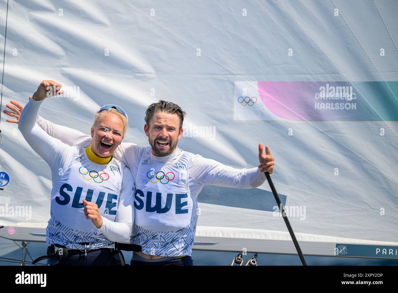 Marseille, France. 08th Aug, 2024. Anton Dahlberg and Lovisa Karlsson of, Sweden., . celebrate ...