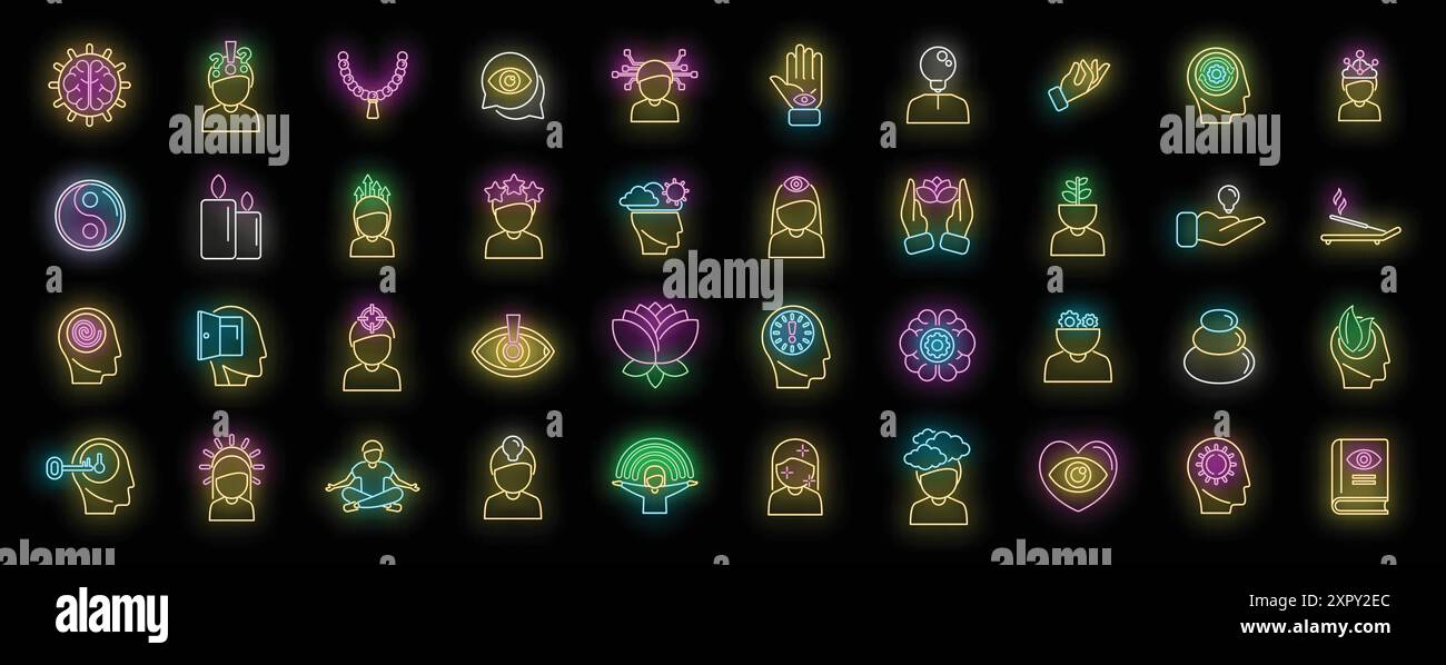 Mindfulness icons set outline vector. Mind relax. Peace human neon ...