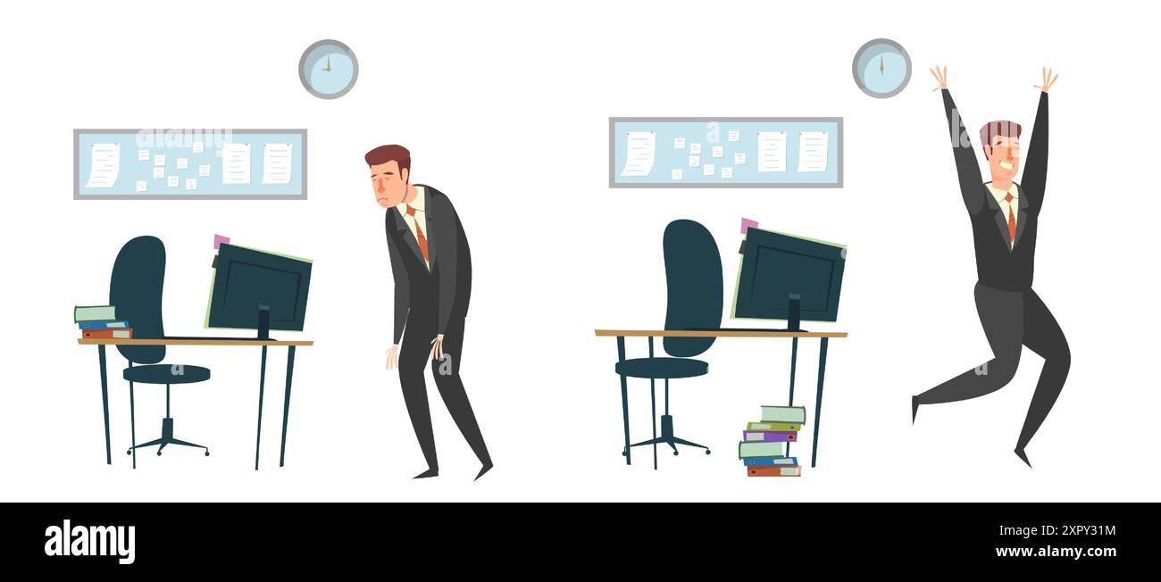 Businessman feeling opposite emotion at start and end of work day Stock ...