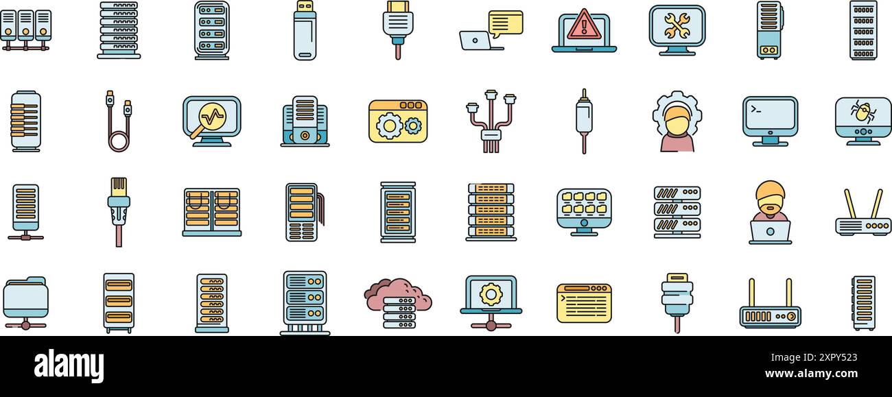 System administrator icons set outline vector. Server data. Cable ...