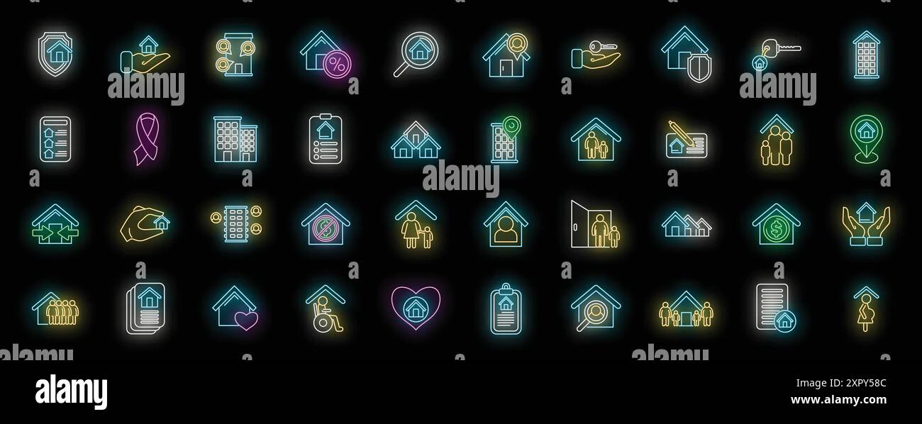 Social housing icons set outline vector. Home work. Stay care neon ...