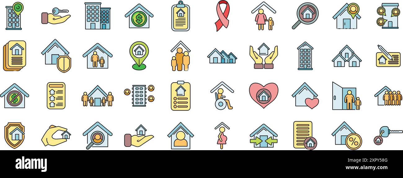 Social housing icons set outline vector. Home work. Stay care thin line ...