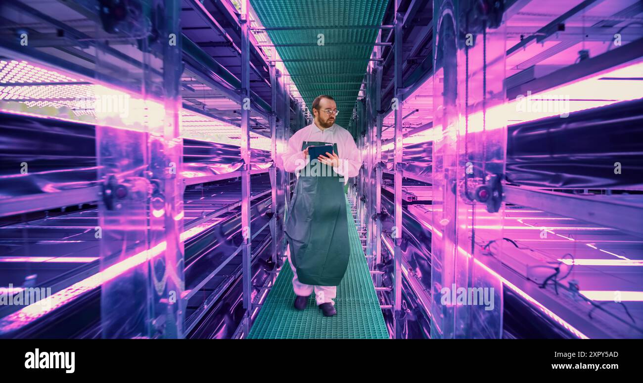 Farming Technician Walking Between Rows of Produce at Modern Vertical ...