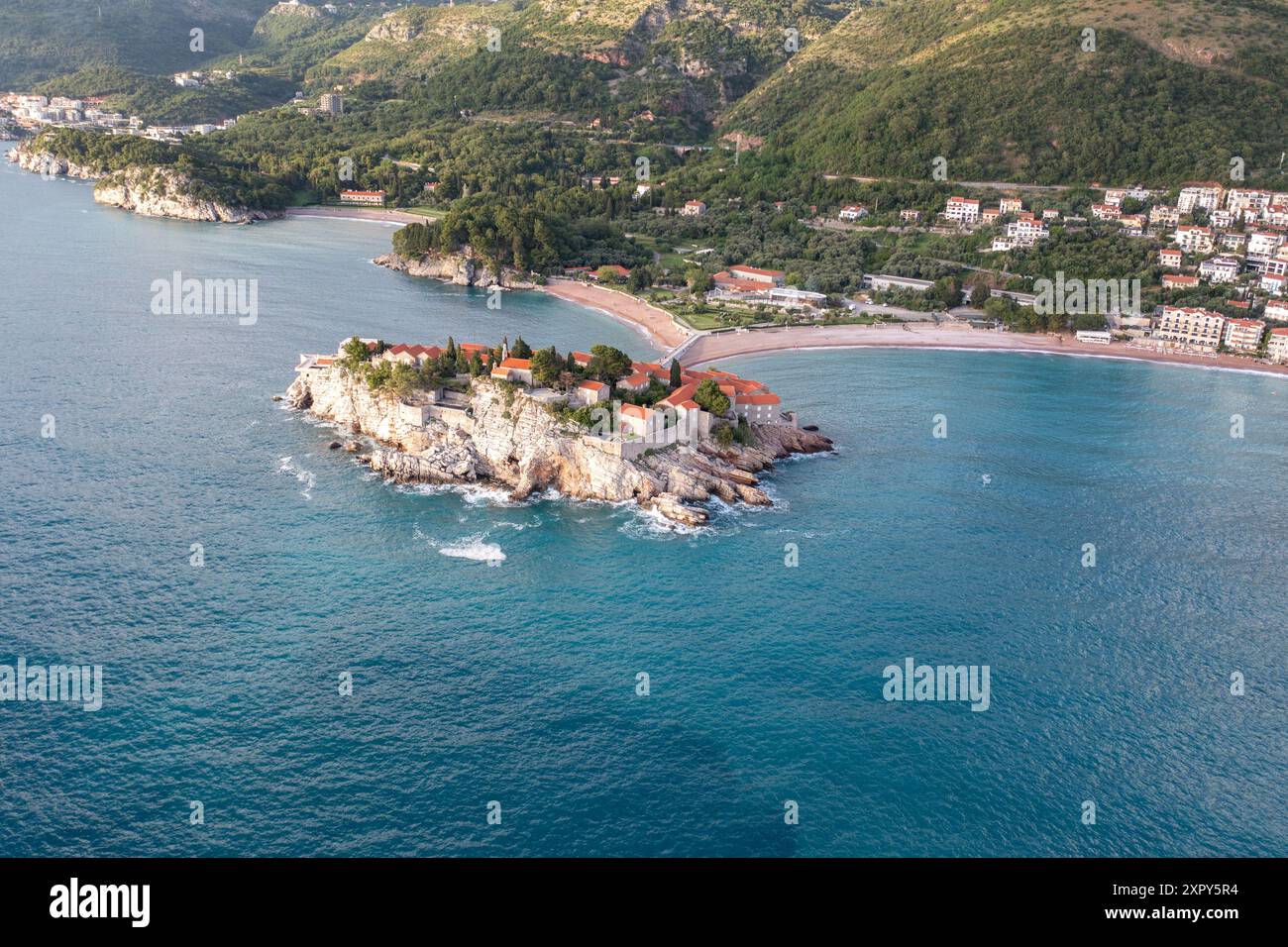 Amazing Aerial around view of Sveti Stefan resort island in Montenegro ...
