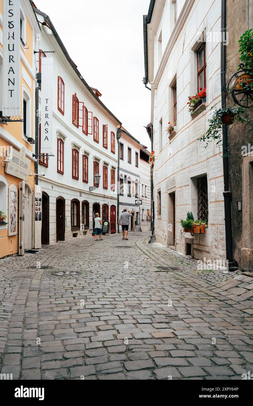 Visitors stroll leisurely down a picturesque cobblestone street lined ...