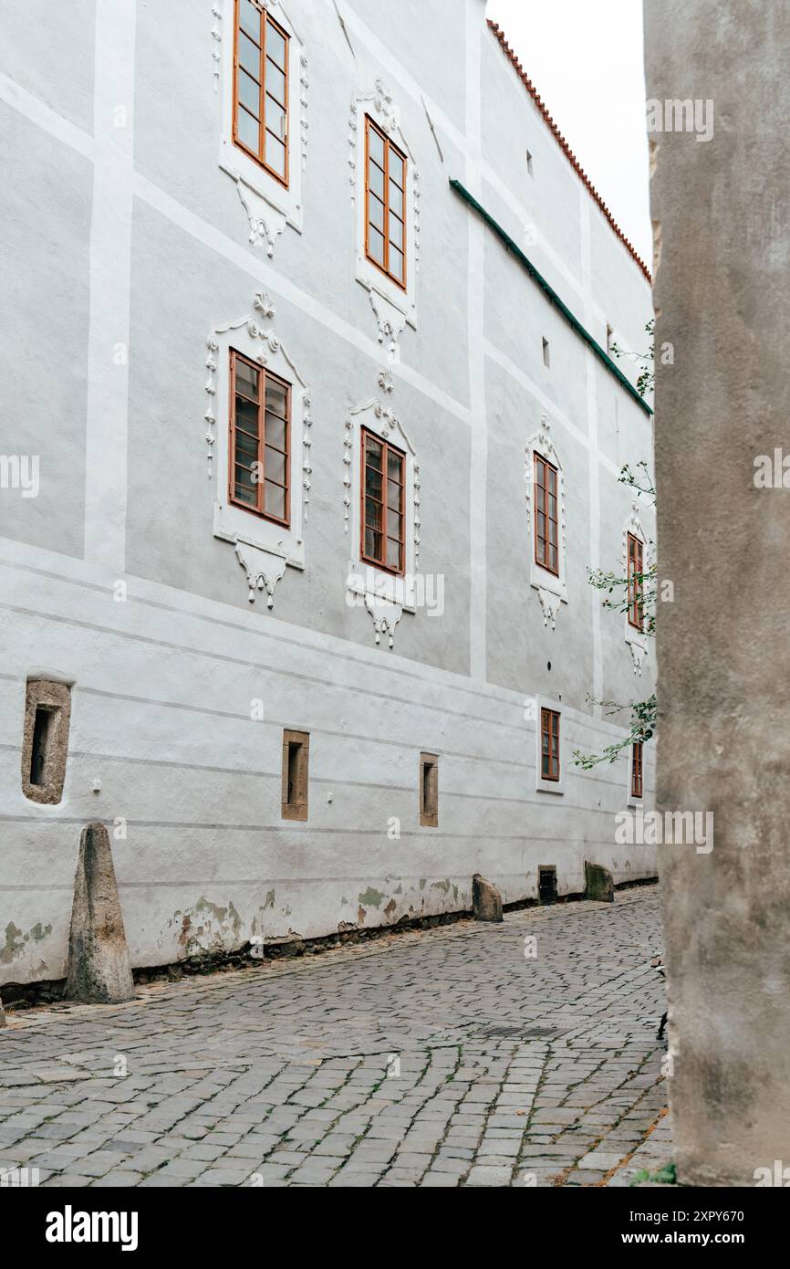 A narrow, cobblestone street showcases elegant historical buildings ...