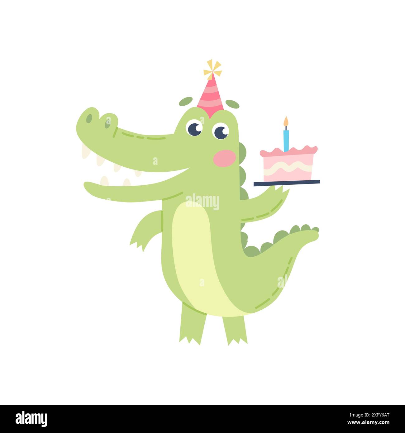 Cute crocodile for children. Birthday greetings, cake and party hat ...