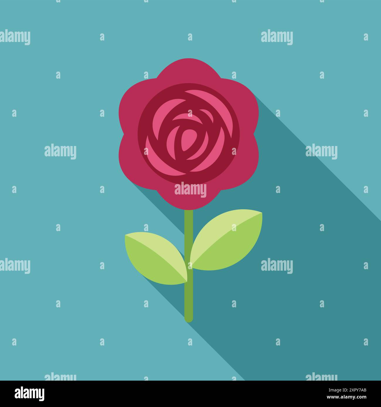 Stylized red rose with green leaves is growing on a blue background ...