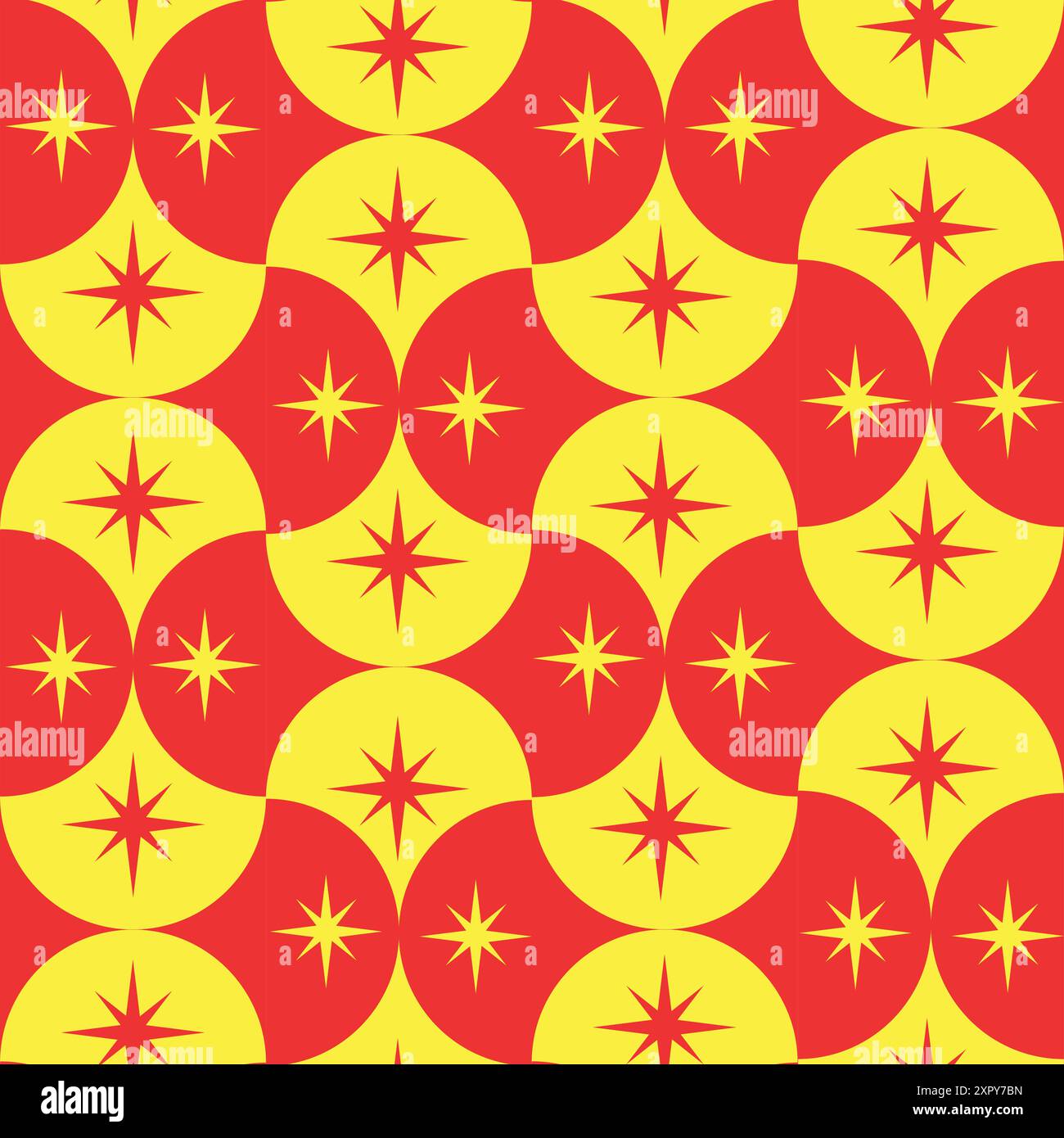 Red and Yellow mid century starbursts on scallop geometric shapes ...