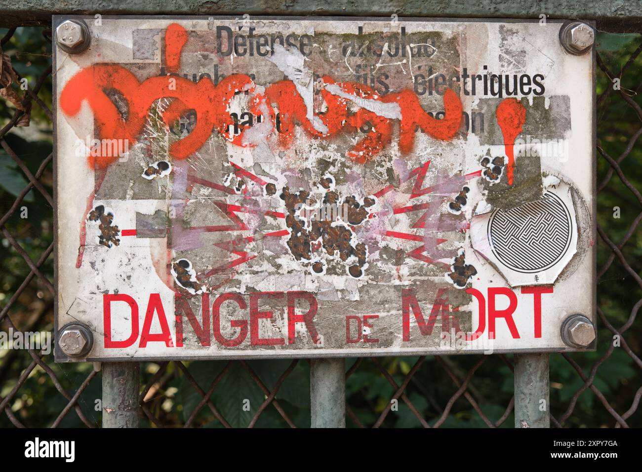 Danger of death sign on the fence around train lines in Paris Stock ...