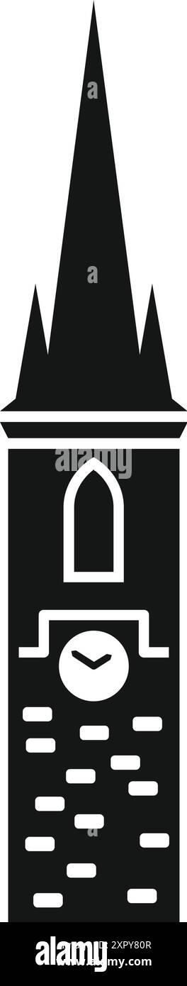 Simple black and white illustration of a tall church tower with clock ...