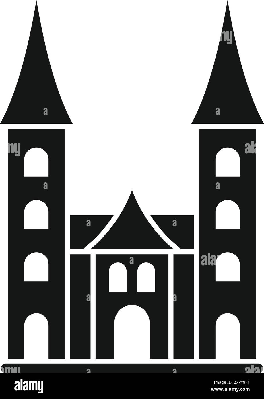 Solid black icon of a medieval cathedral building with two towers and ...