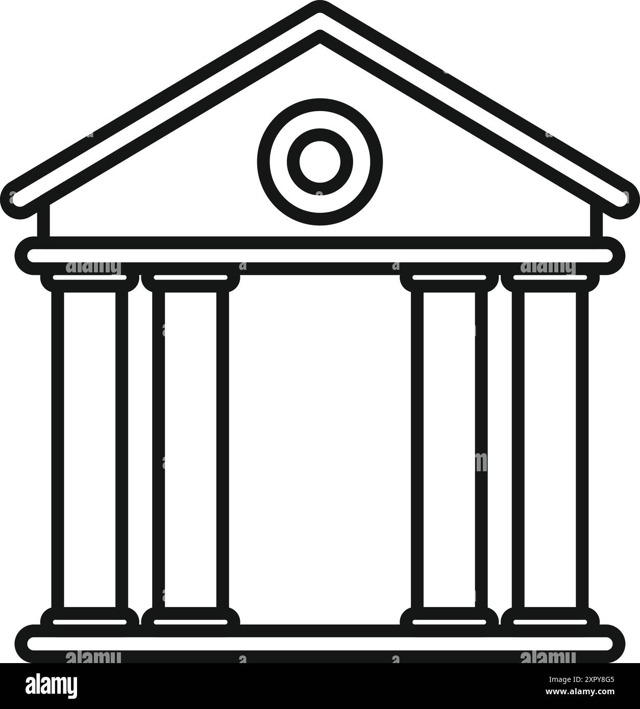 Simple line drawing of a building exterior with classical greek columns supporting a triangular ...