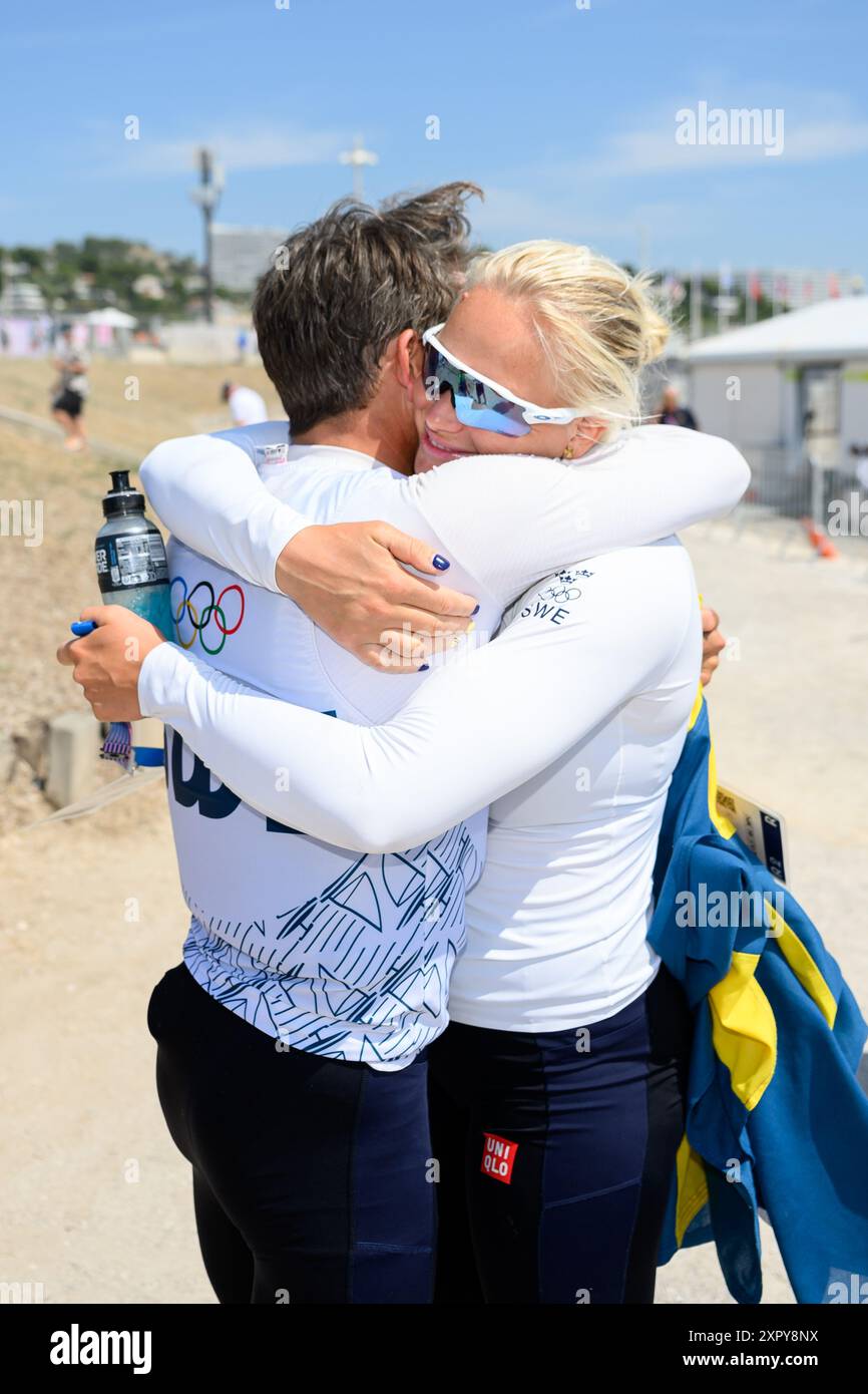 Marseille, France. 08th Aug, 2024. Anton Dahlberg and Lovisa Karlsson of, Sweden., . celebrate ...