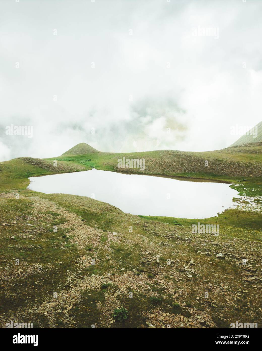 Aerial vertical view alpine Chokhi Sakori Lake. Georgia country ...