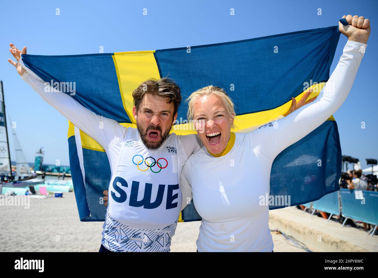 Marseille, France. 08th Aug, 2024. Anton Dahlberg and Lovisa Karlsson of, Sweden., . celebrate ...