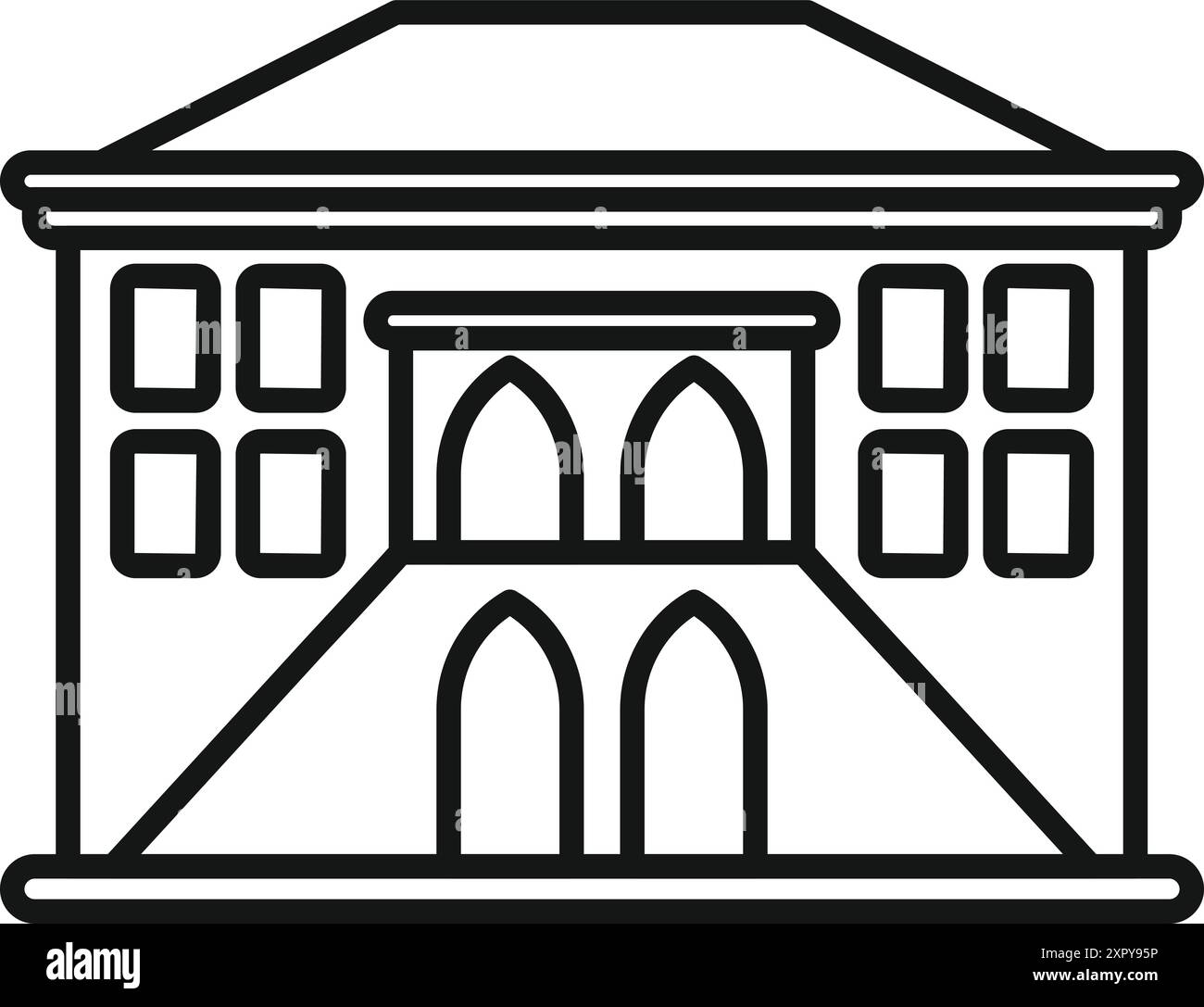 Line drawing of a building with arches connecting to a modern office ...