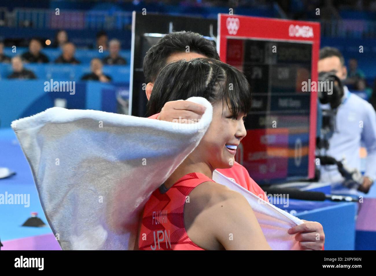 Paris, France. 07 August 2024, FUJIMANI Akari, Japan (JPN) winning vs PANG Qinyu (CHN), WFS 53kg ...