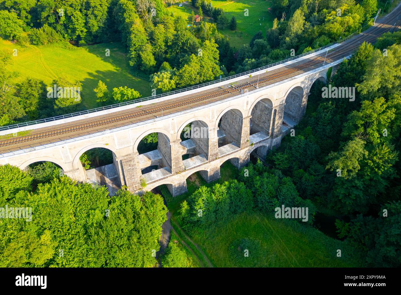 An aerial view showcases the Sychrov Railway Bridge in Czechia ...