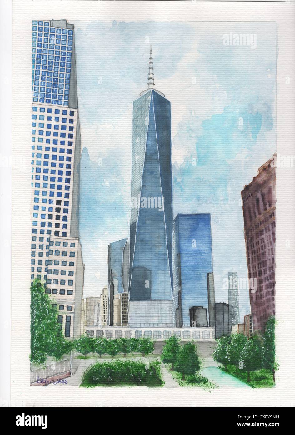 Watercolor painting of One World Trade Center in New york city, during ...