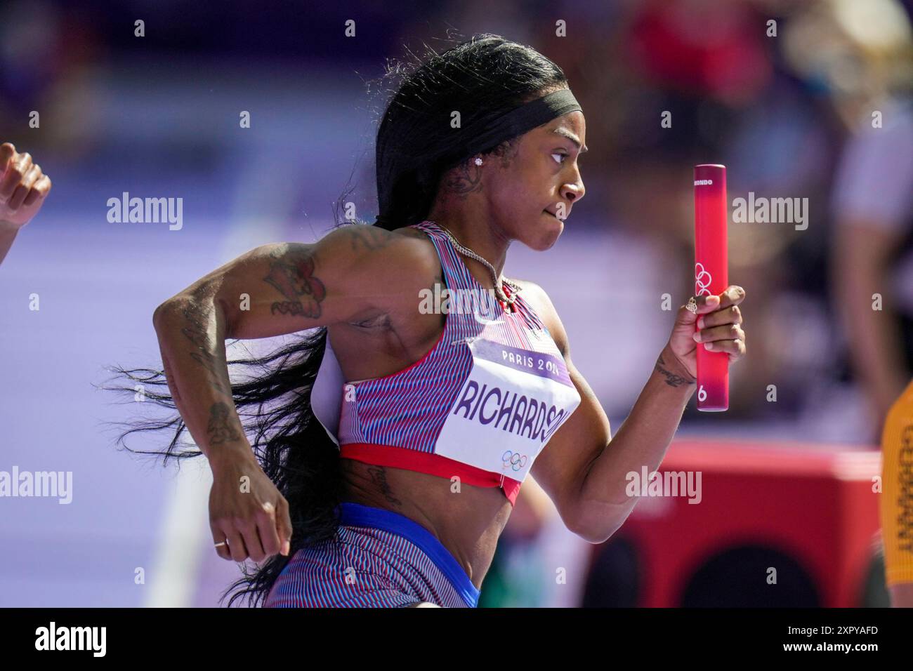 Paris, France. 08th Aug, 2024. Sha'carri Richardson of Team USA runs ...
