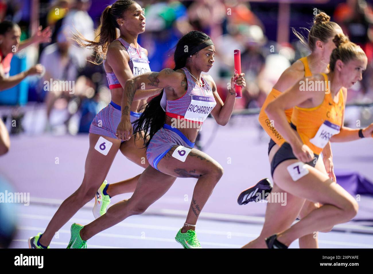 Paris, France. 08th Aug, 2024. Sha'carri Richardson, center of Team USA ...