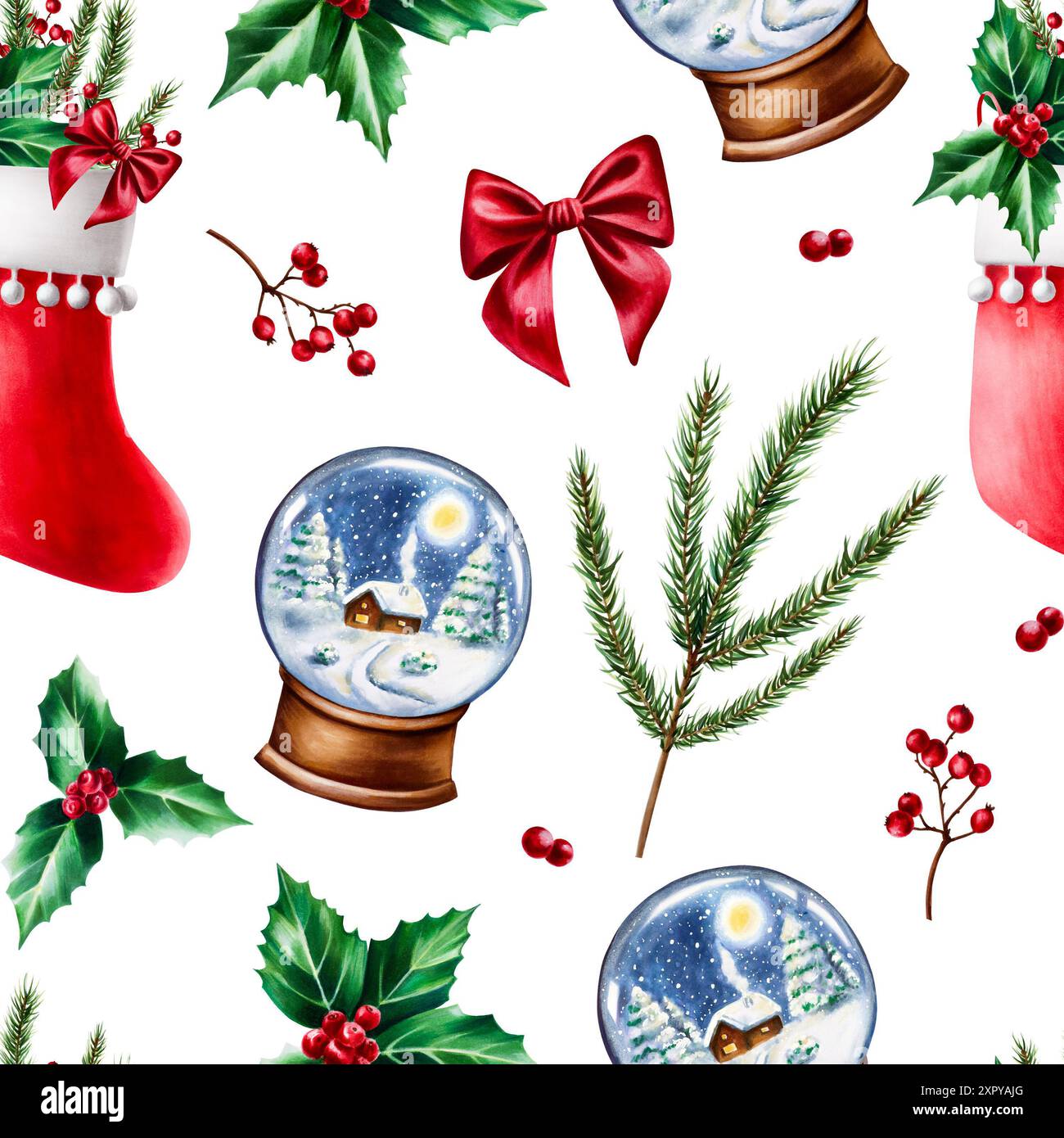 Seamless pattern with christmas pine branches, stocking for presents ...