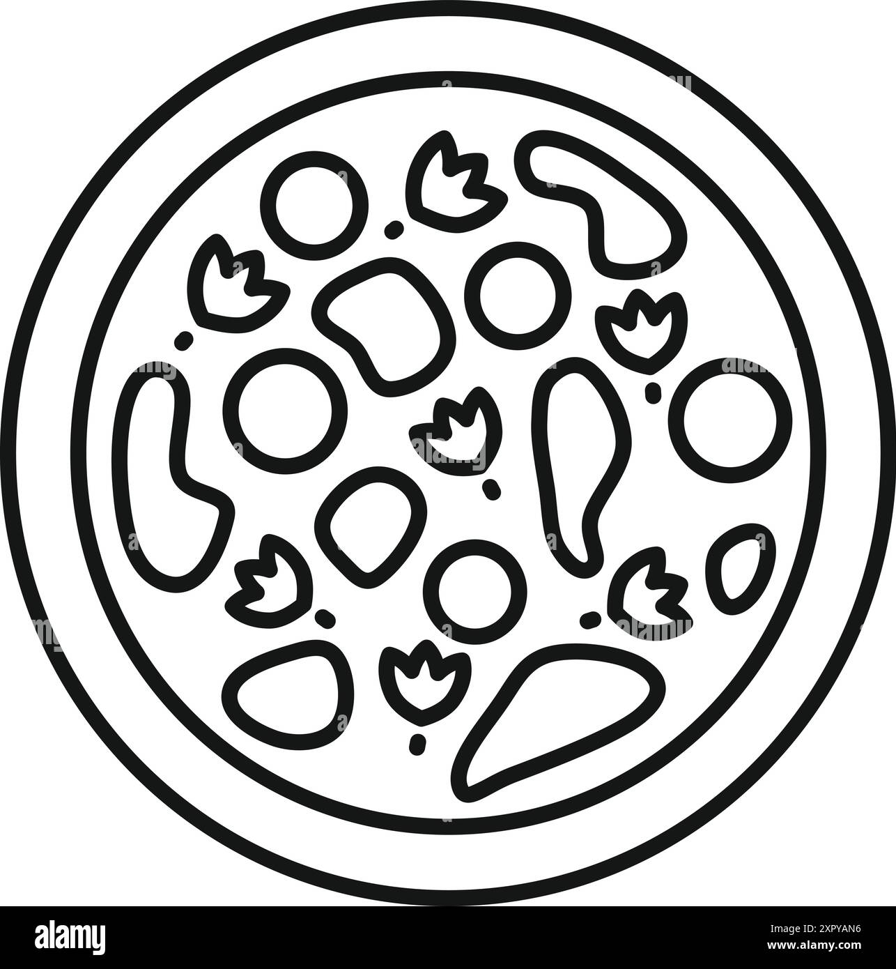 Round hot pizza with ingredients from above view line icon design ...
