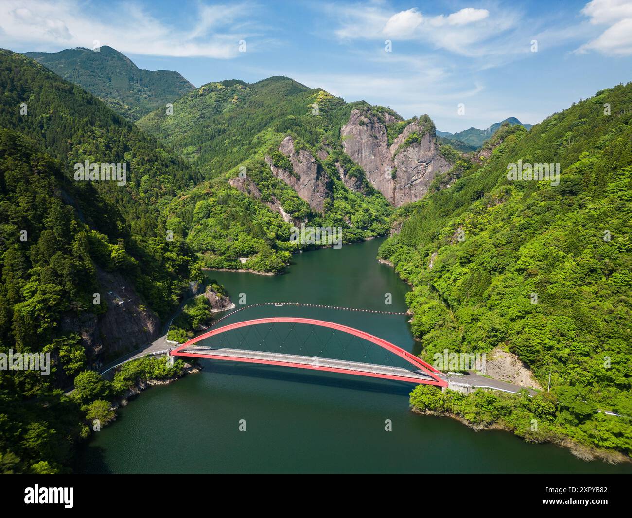 Kyushu, Japan: Aerial view of the Hyugami Dam reservoir and gorge with ...