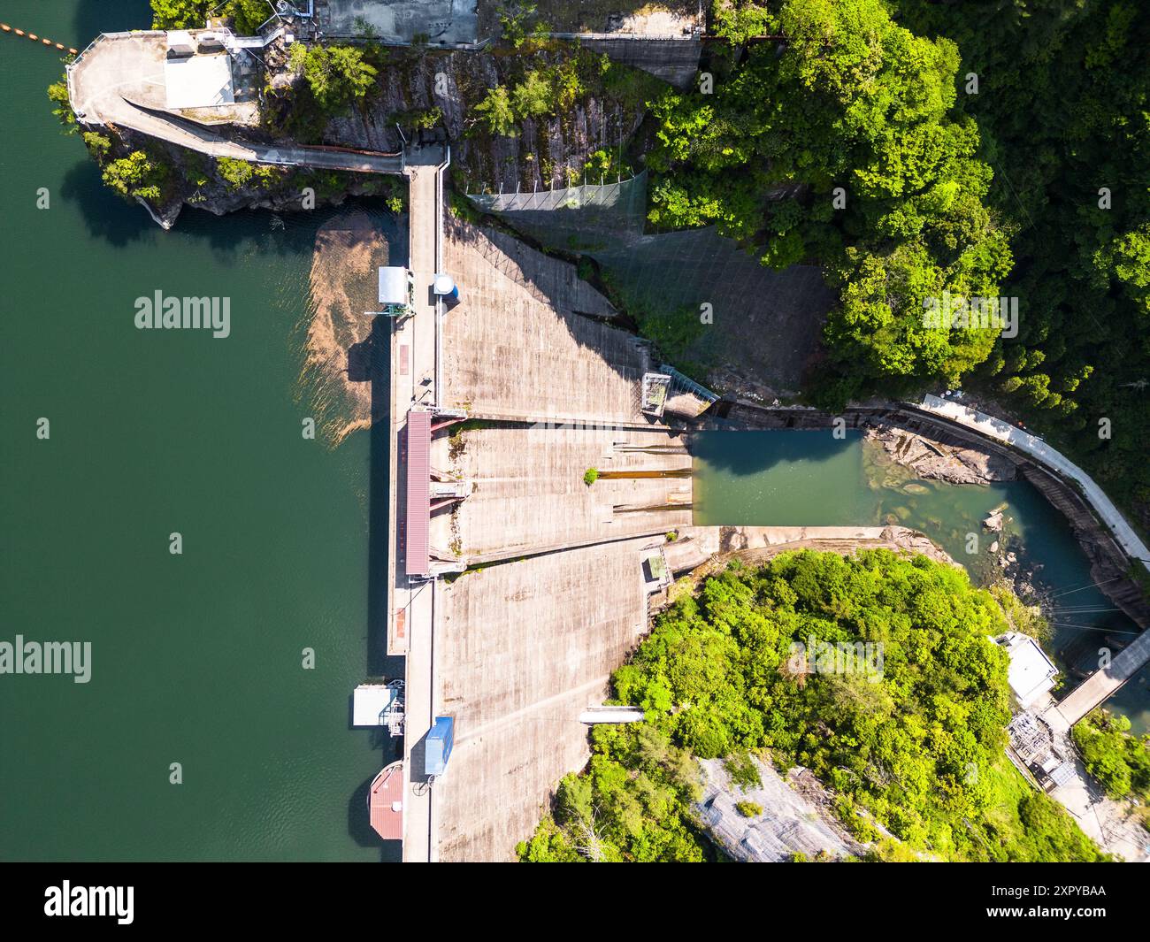 Kyushu, Japan: Aerial overhead of the Hyugami Dam and reservoir in the ...