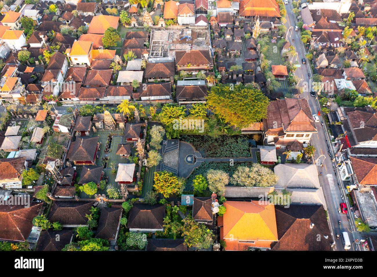 Ubud, Bali: Aerial drone view of the Ubud town center with historic ...