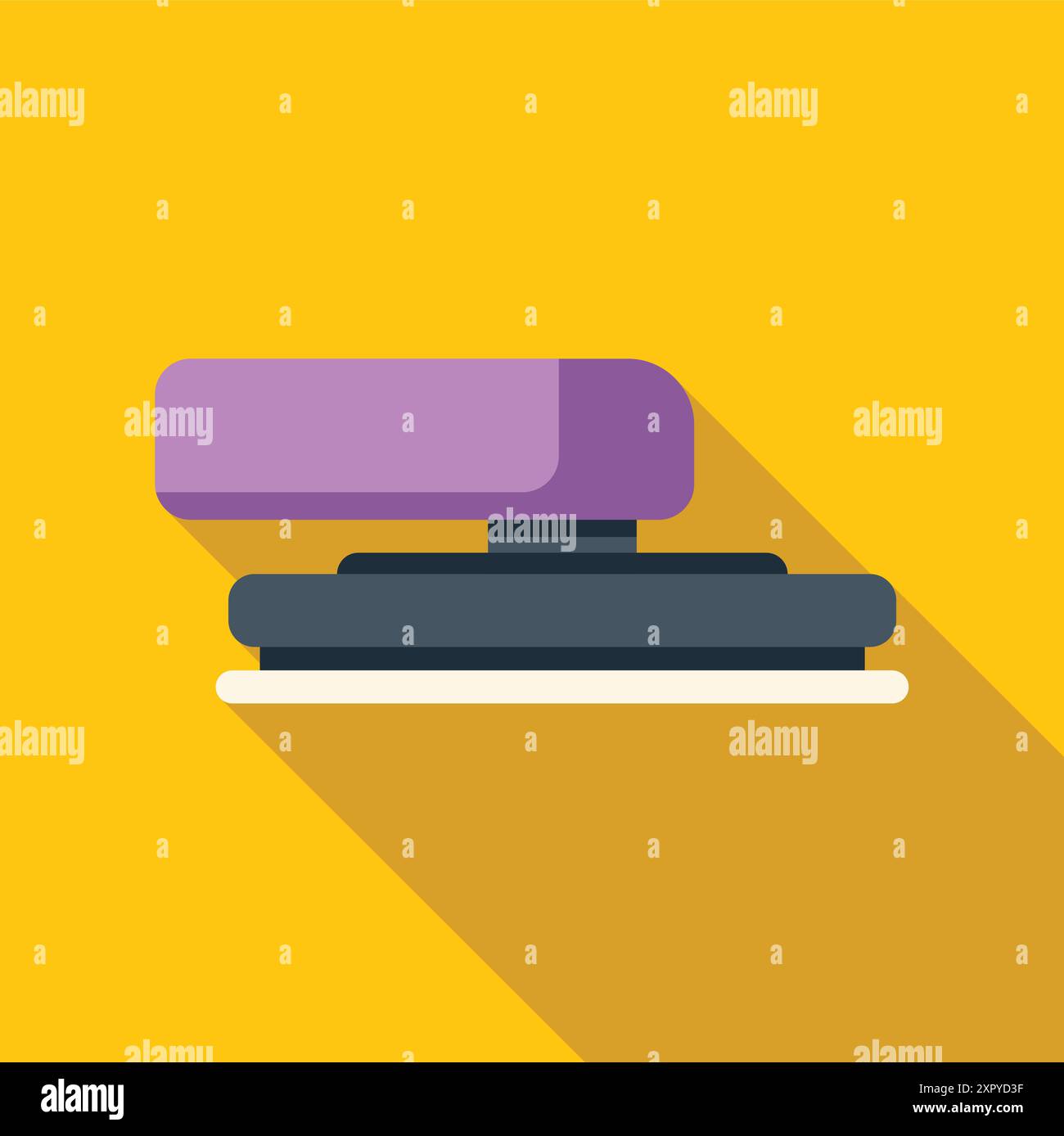 Purple and gray stapler lying on a yellow background with a long shadow ...