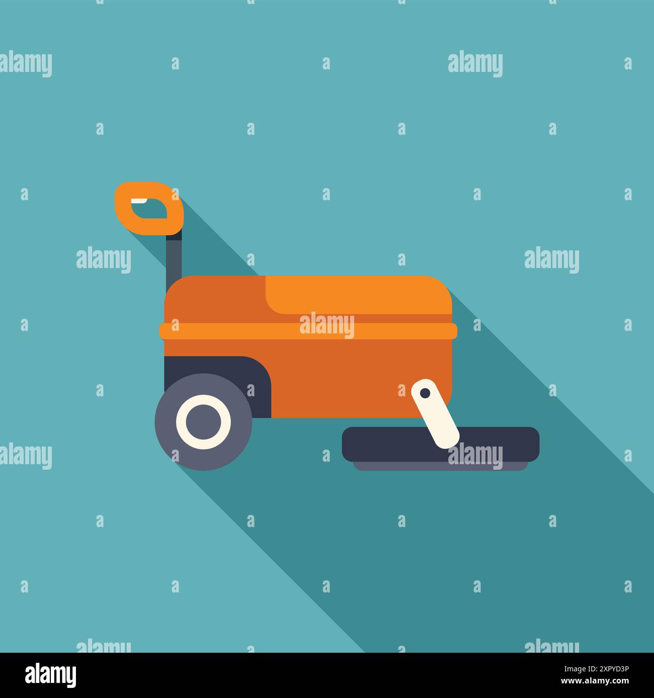 Orange ride on lawnmower cutting grass with long shadow on turquoise ...