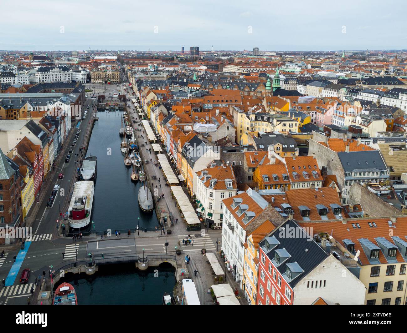 Copenhagen, Denmark: Aerial view of the famous Nyhavn harbor in ...