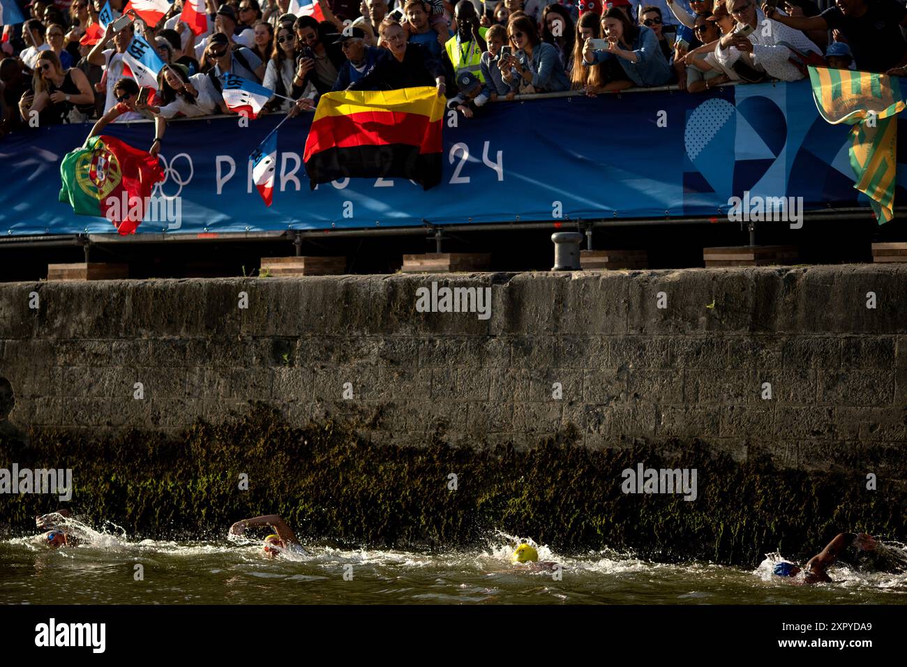 Athletes swim past spectators during the marathon swimming women's 10km ...