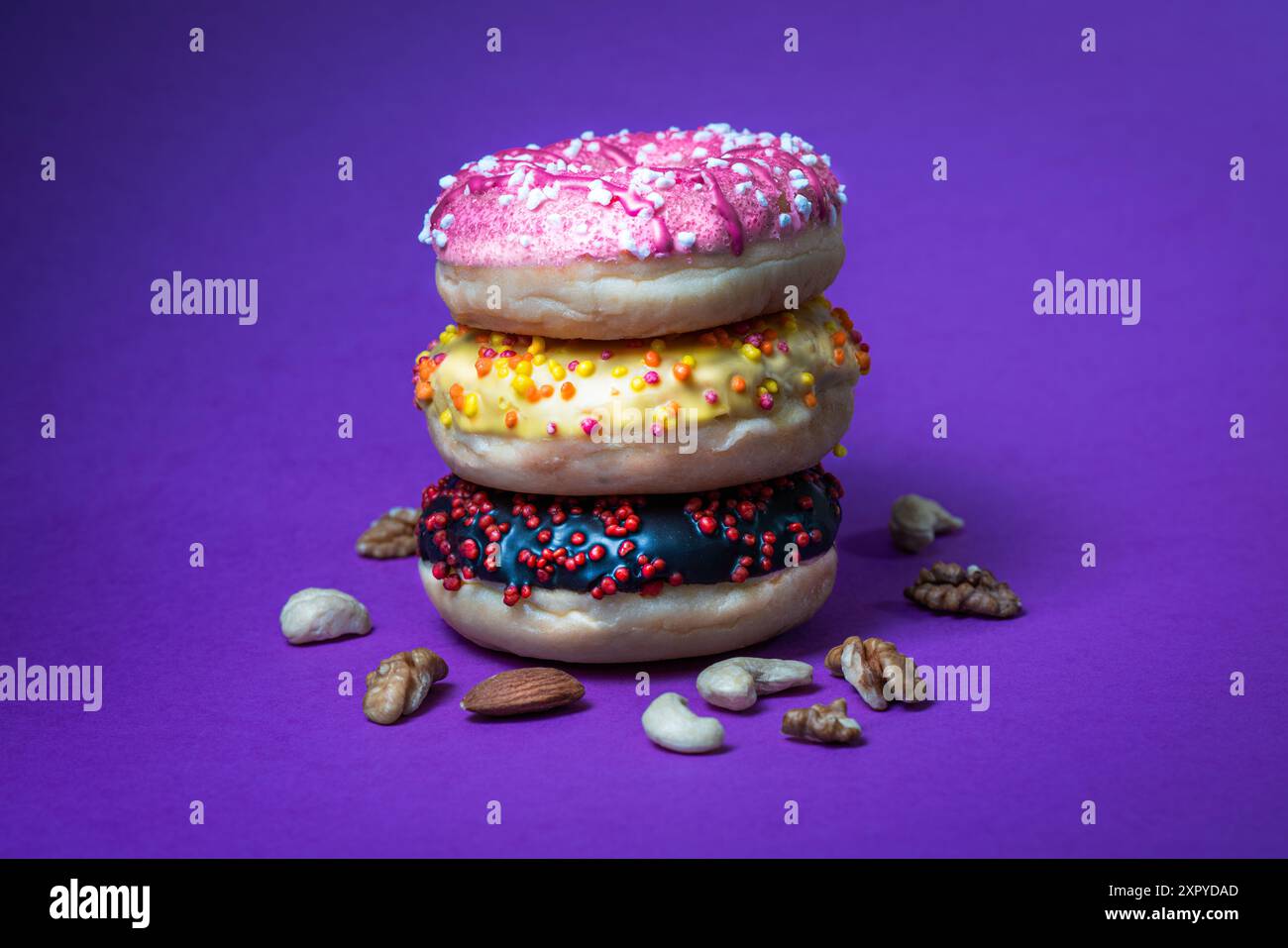 Colorful donuts on pastel background. Cafe food. Studio product shoot ...