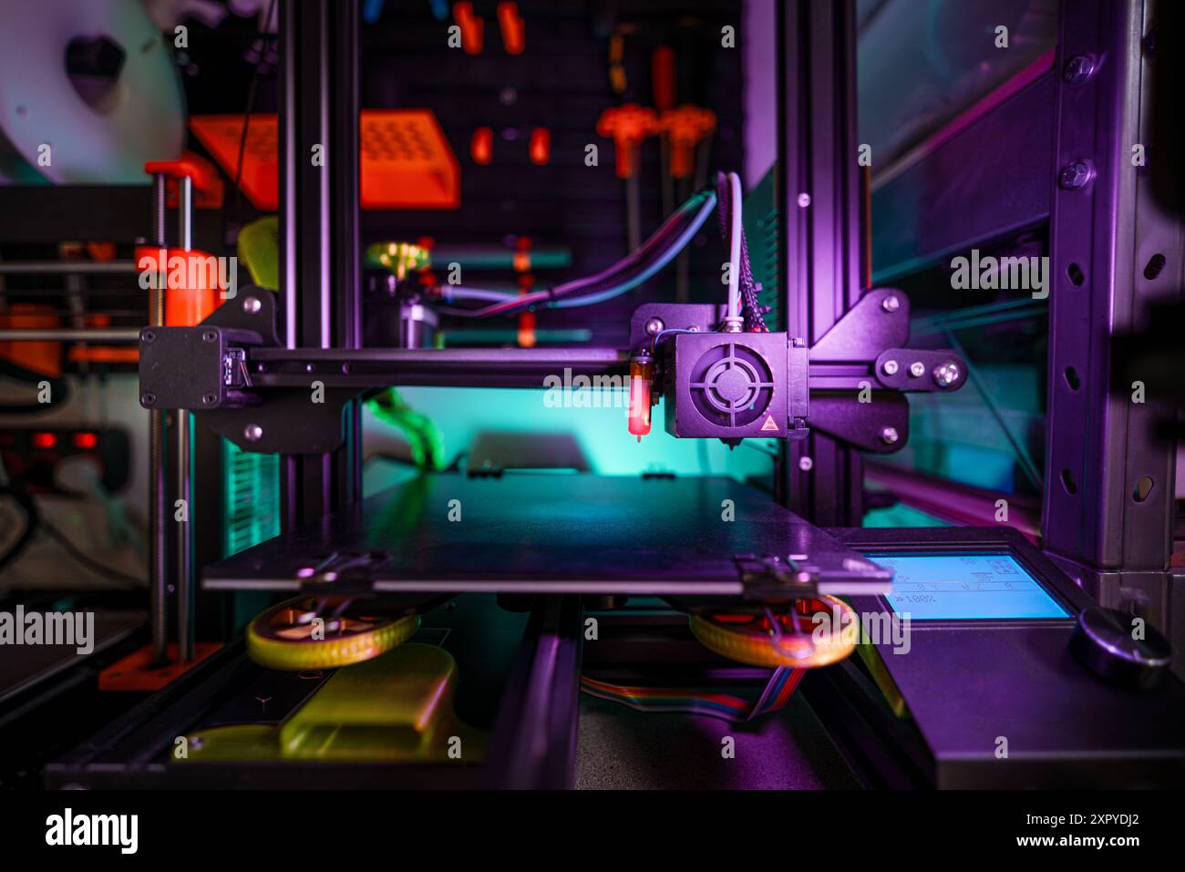 3D printer. Home studio lab factory. Close-up nozzle arm Stock Photo ...