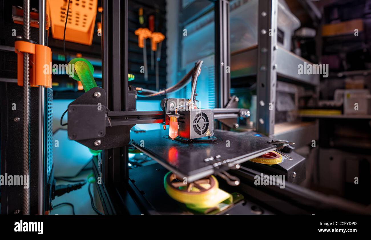 Wide shot 3D printer. Design studio. Home production prototyping Stock ...